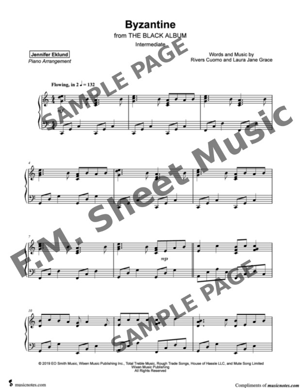 Byzantine (Intermediate Piano) By Weezer - F.M. Sheet Music - Pop Arrangements by Jennifer Eklund